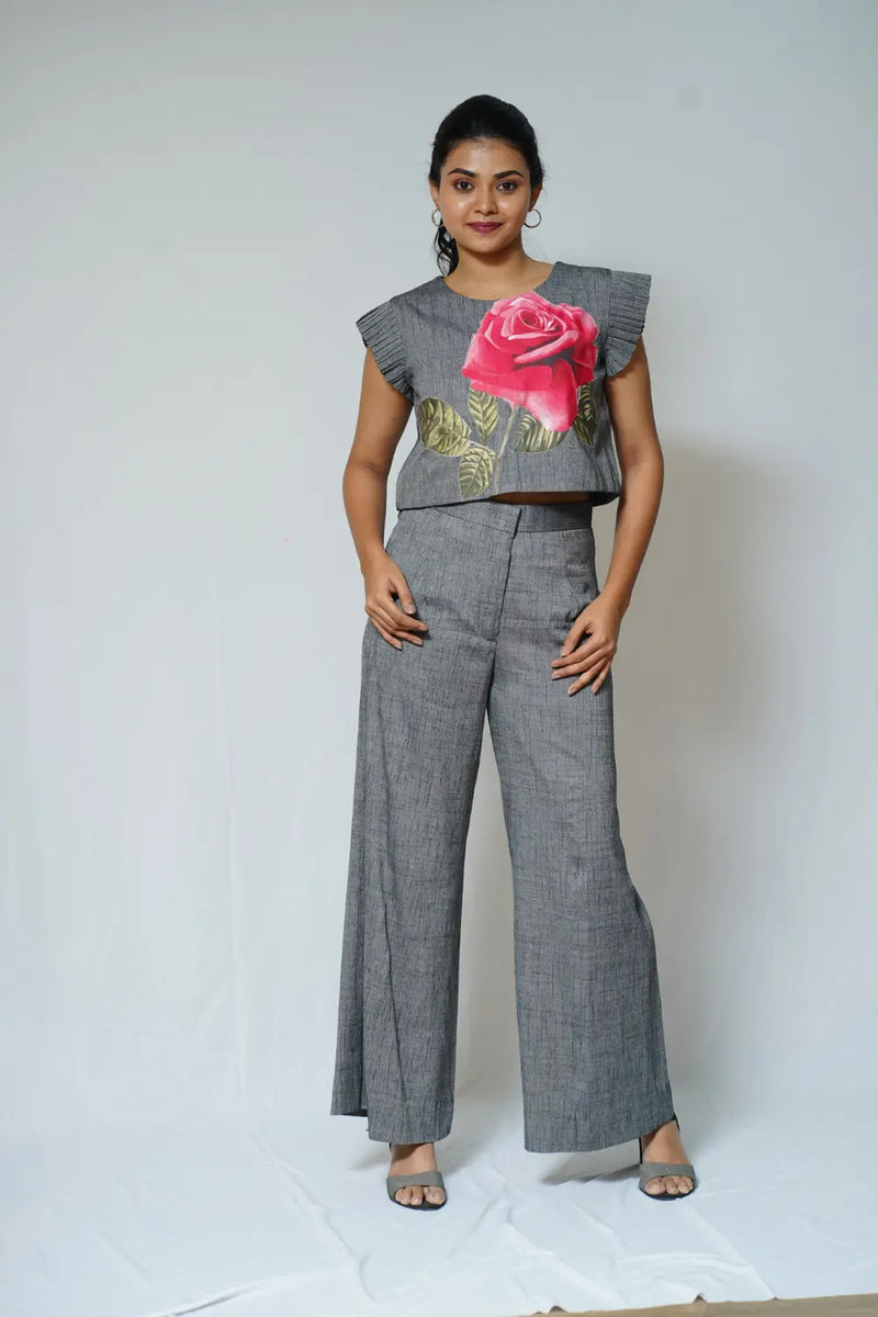 GREY MIDRIFF TOP AND WIDE LEG PANTS – Nidhis Chordia